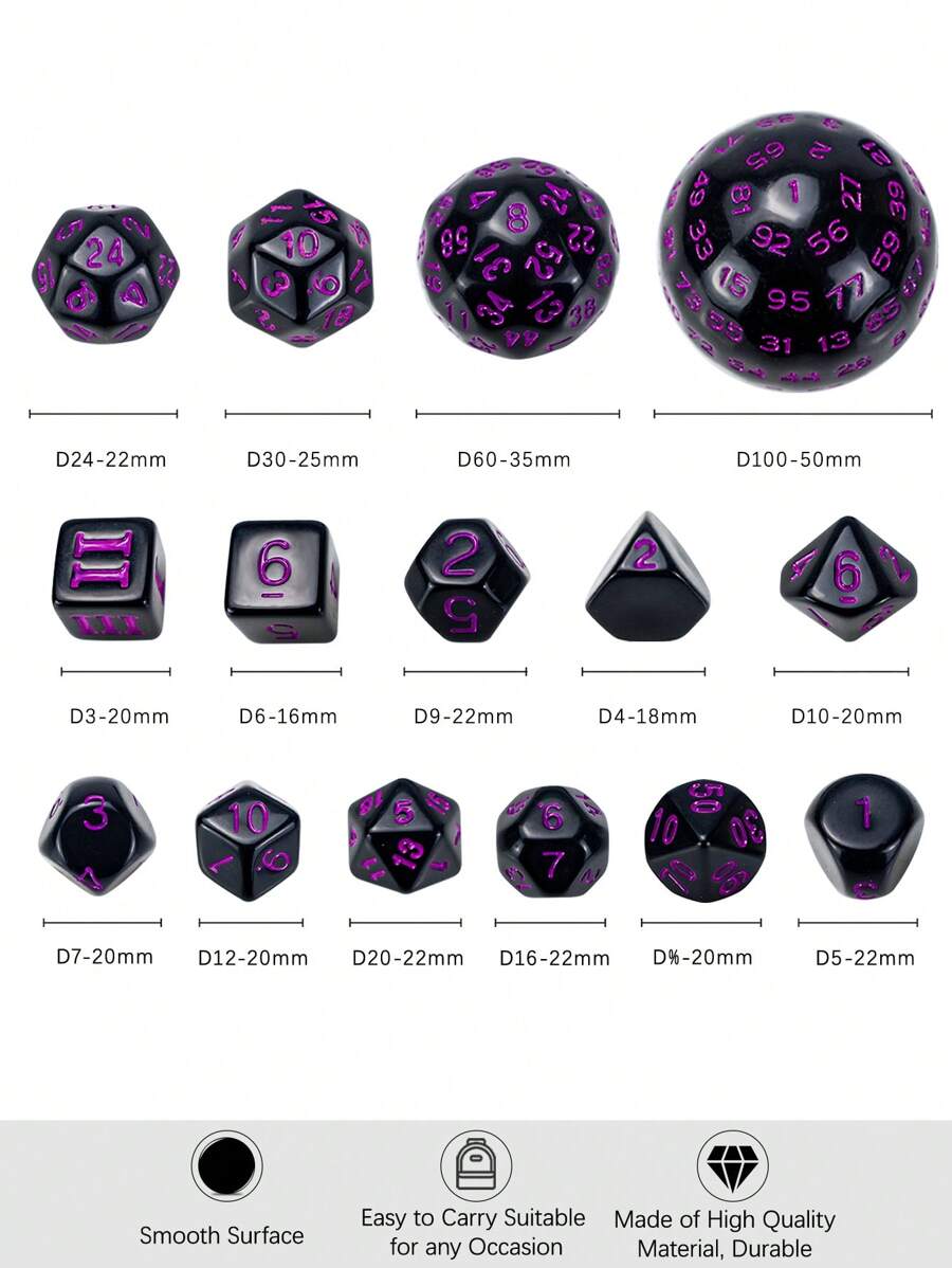 15 Pieces Complete Polyhedral Spherical Dice Set, Opaque Black, 100 ...