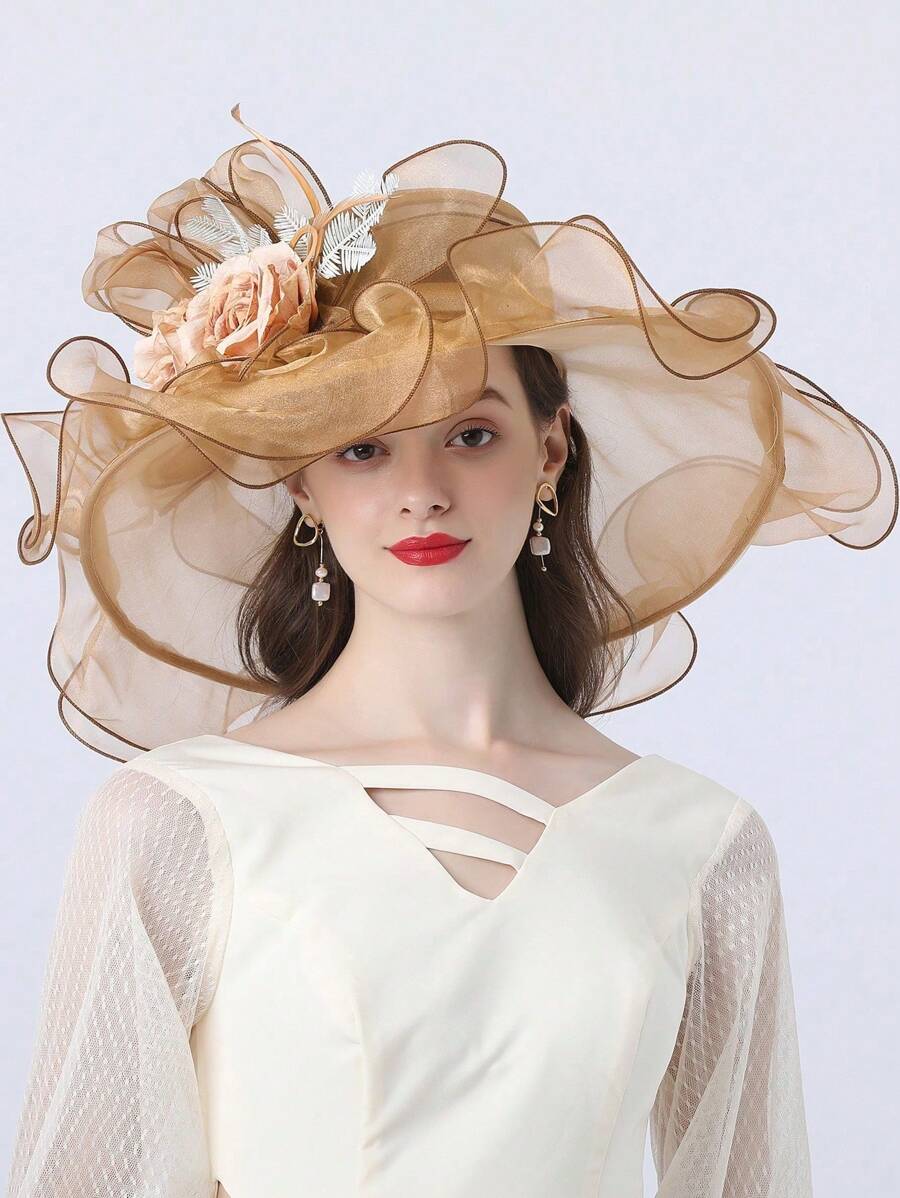 Gold Flower Wedding Bridal Fascinator For Women Wide Brim Organza Hat ...