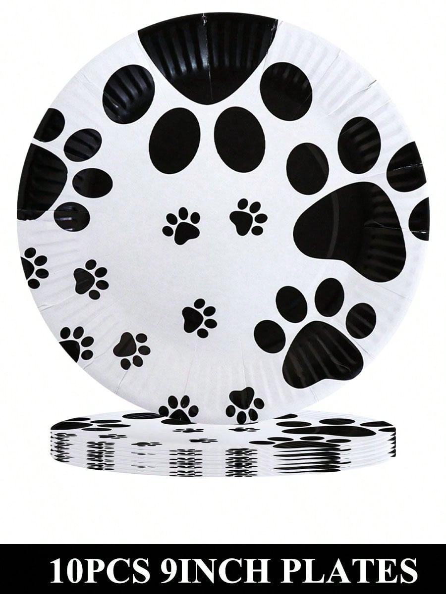 10 Pcs 9 Inch Black Dog Paw Pattern Disposable Dinner Plates Round ...