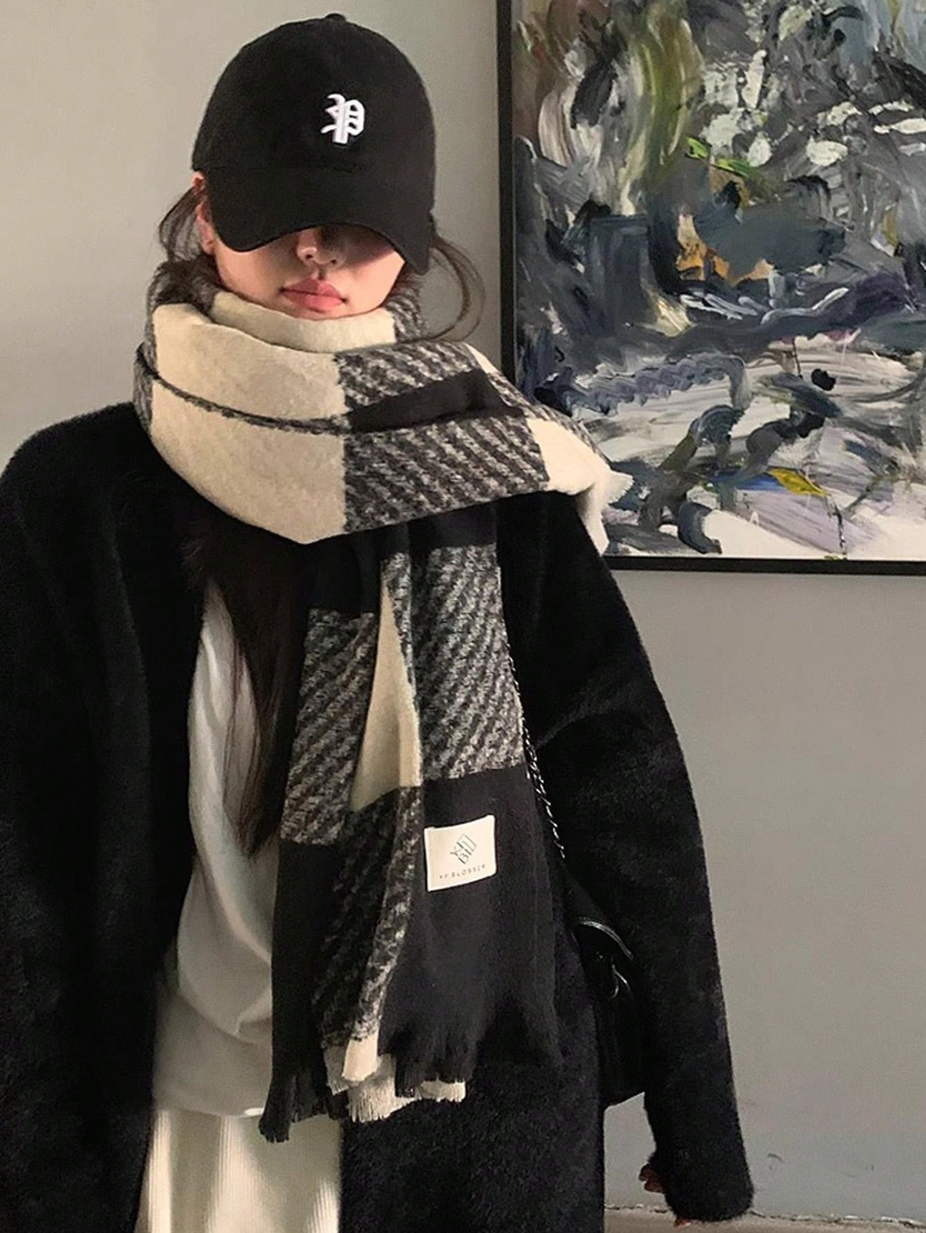 1pc Women's Black & White Polyester Plaid Neck Warmer Scarf For Fall ...