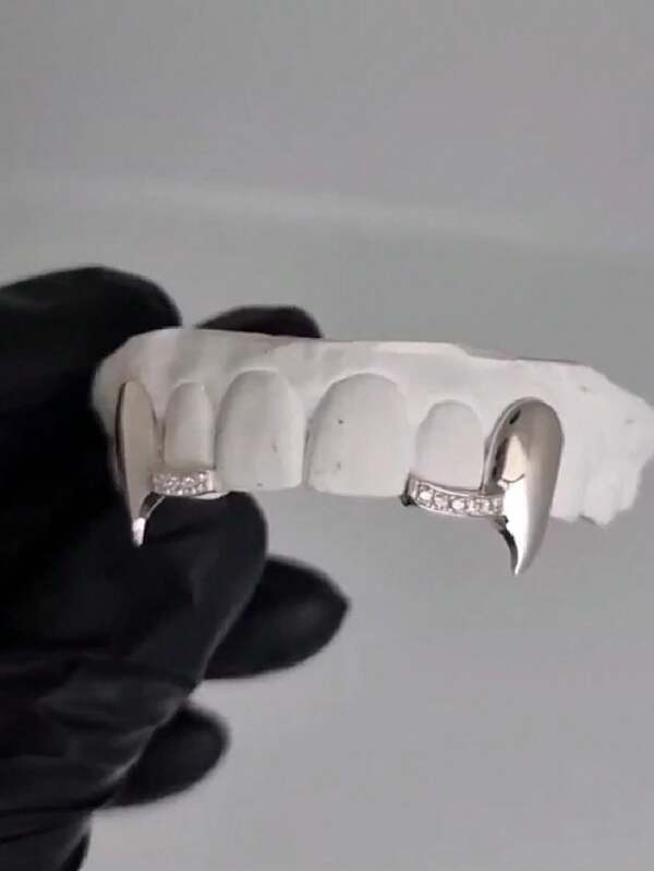 1Pc Double Teeth 18K Silvery Hip Hop Teeth Set, Vampire Sharp Teeth ...