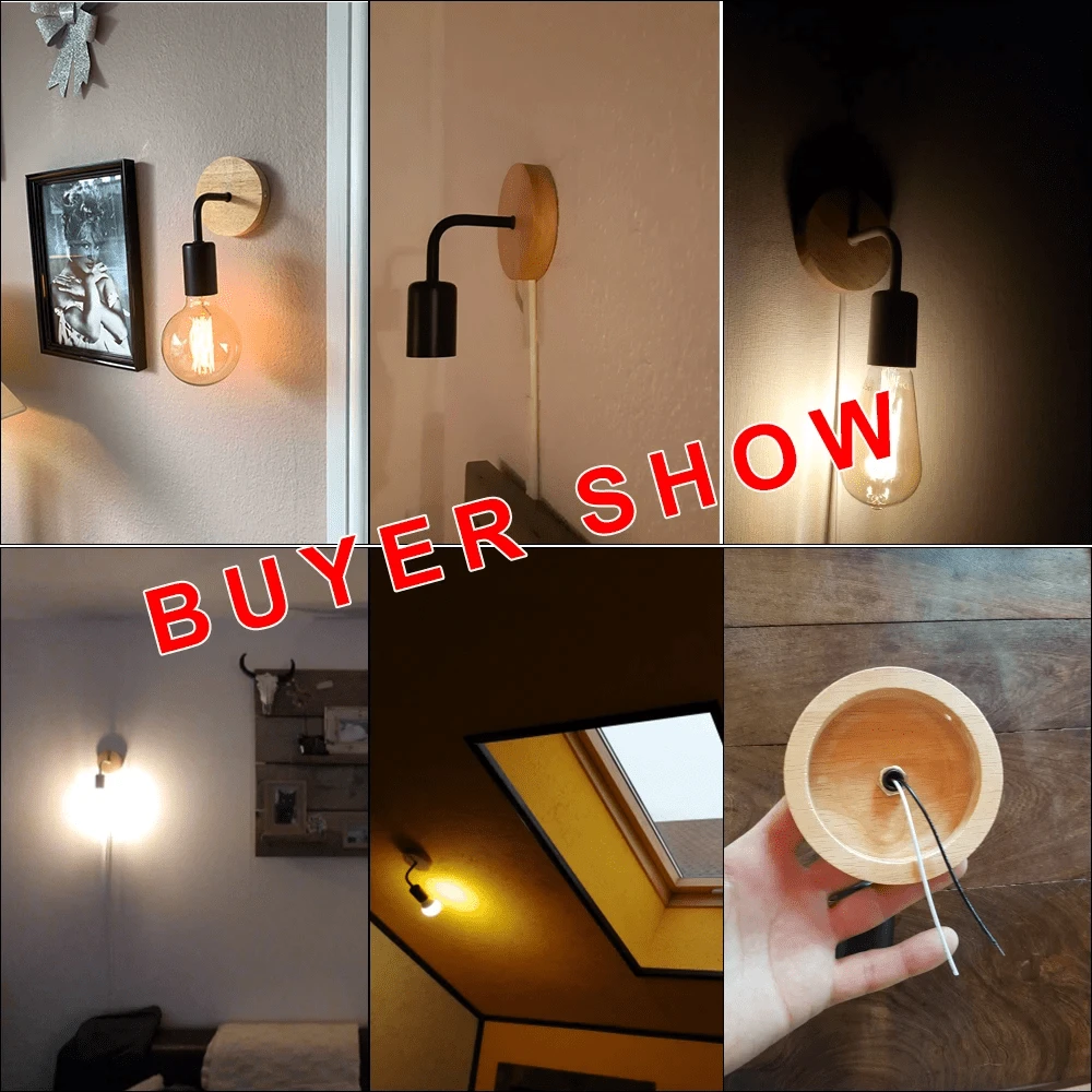E27 Wall Light With Wooden Plate & Iron Base, Available In Black/White ...