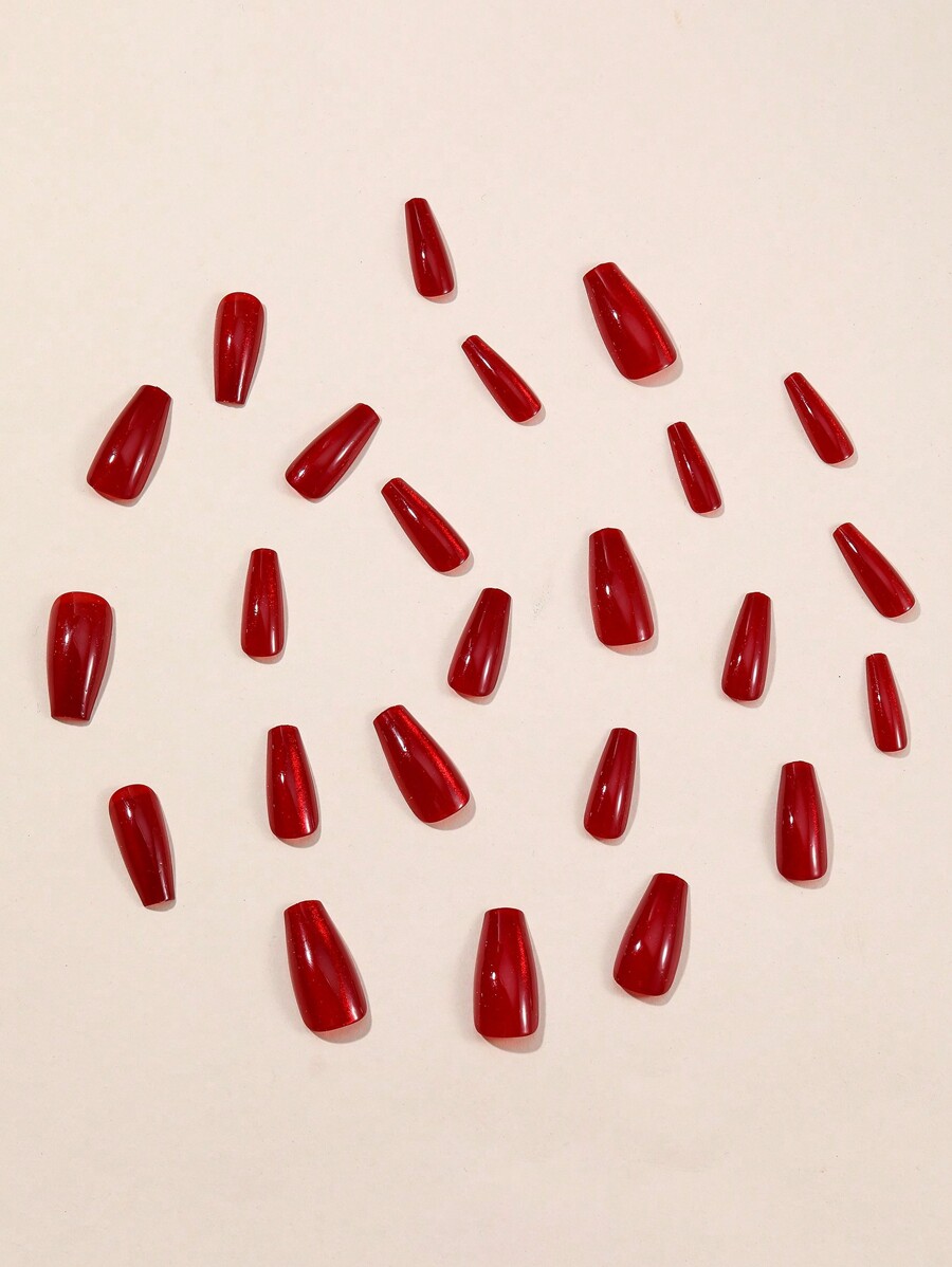 24pcs Red Medium Long Coffin Nails Reflective Glitter Cat Eye Fake