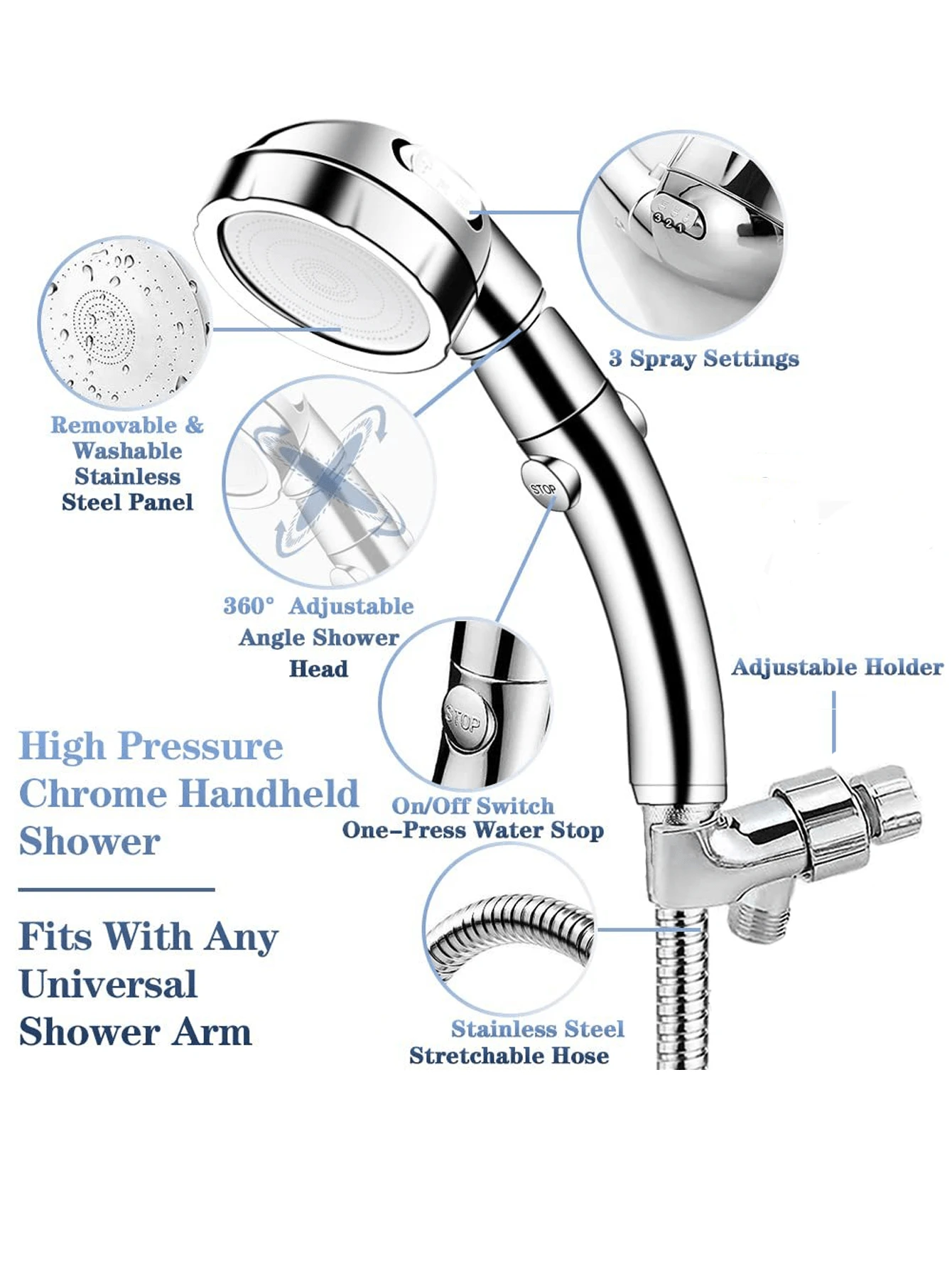 Silver Shower Head Set With Handheld Option, Suitable For Household Hot ...