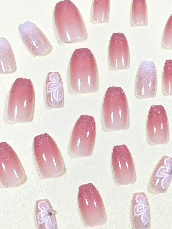 24pcs/set Medium Long Coffin Shaped Fake Nails With Floral, Rhinestone ...