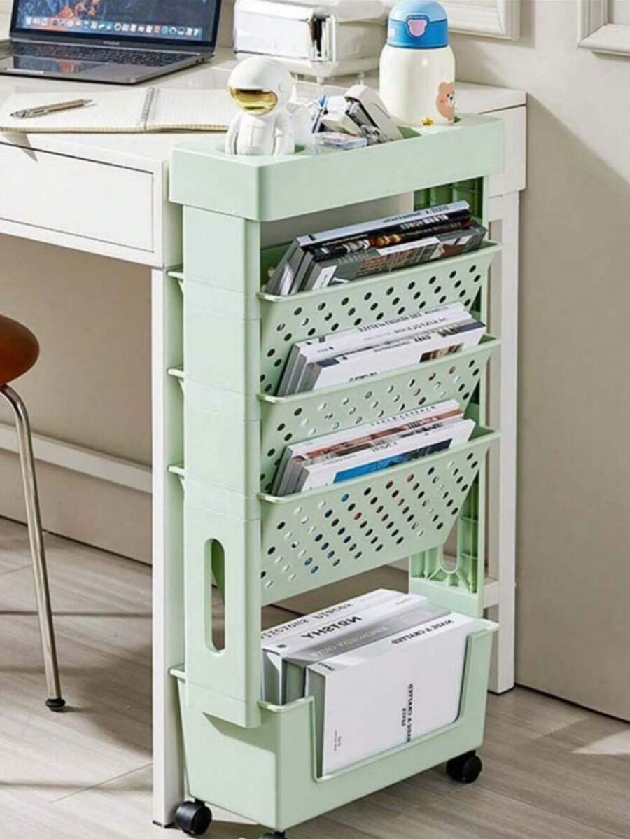 1pc Movable 5-Tier White Desk Bookshelf With 4 Wheels.Combination ...
