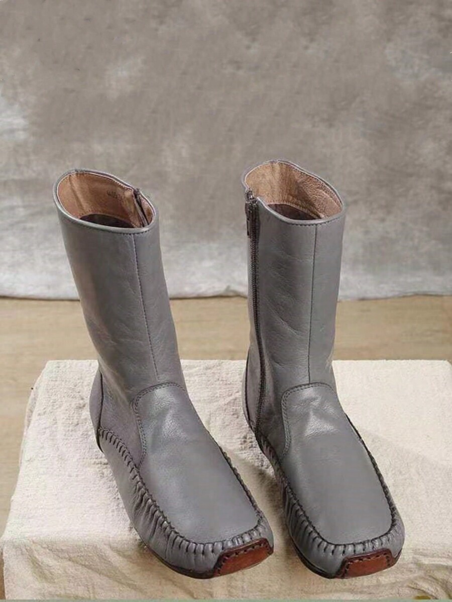 Women's Vintage Motorcycle Boots, Flat Heel, Versatile Mid-calf & High ...