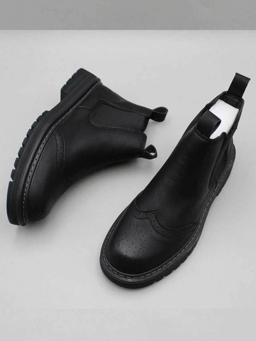 Men's Black Chelsea Boots With Carved Patterns And Thick Soles | SHEIN USA