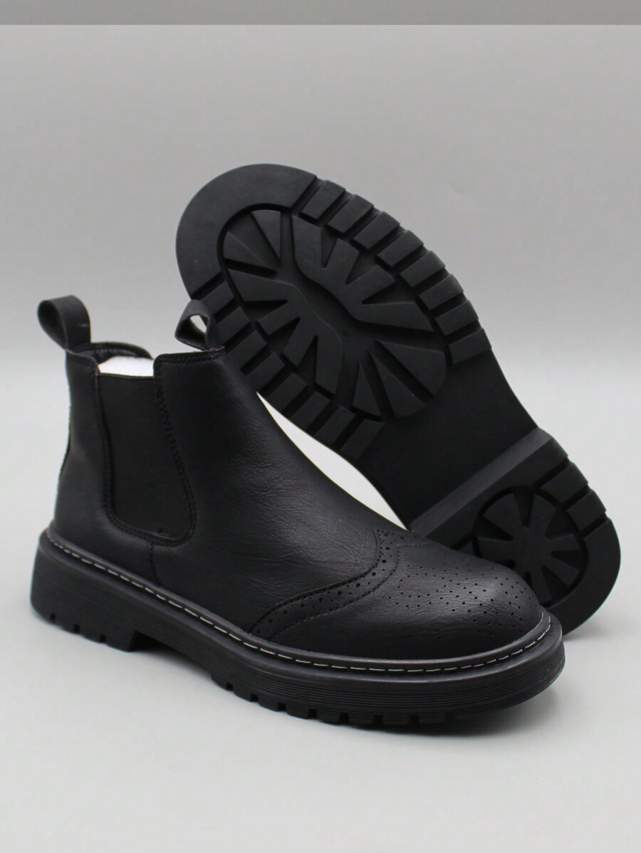 Men's Black Chelsea Boots With Carved Patterns And Thick Soles | SHEIN USA