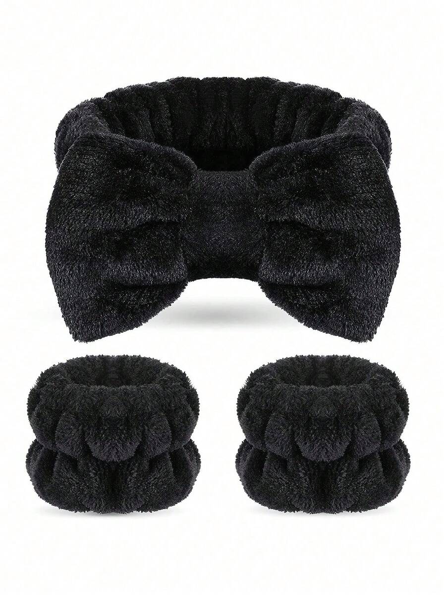 1pc Solid Color Black Bath Headband & 2pcs Bath Wrist Band, Creative ...