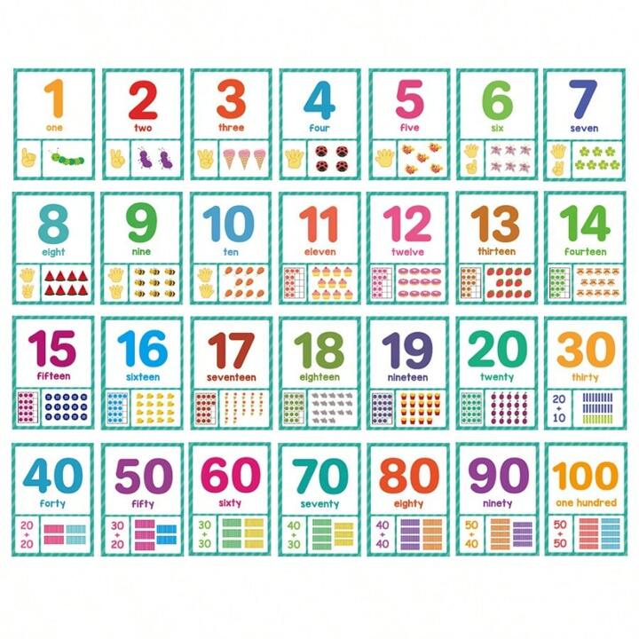 Numbers 1-100 Flash Cards Preschool Kindergarten kids learning Math ...