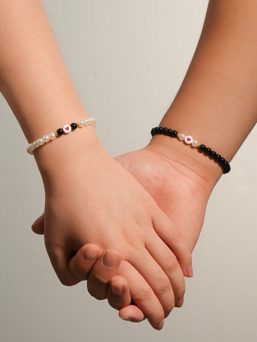 2pcs Red Heart Faux Pearl Couples Bracelets, White Black Beaded ...