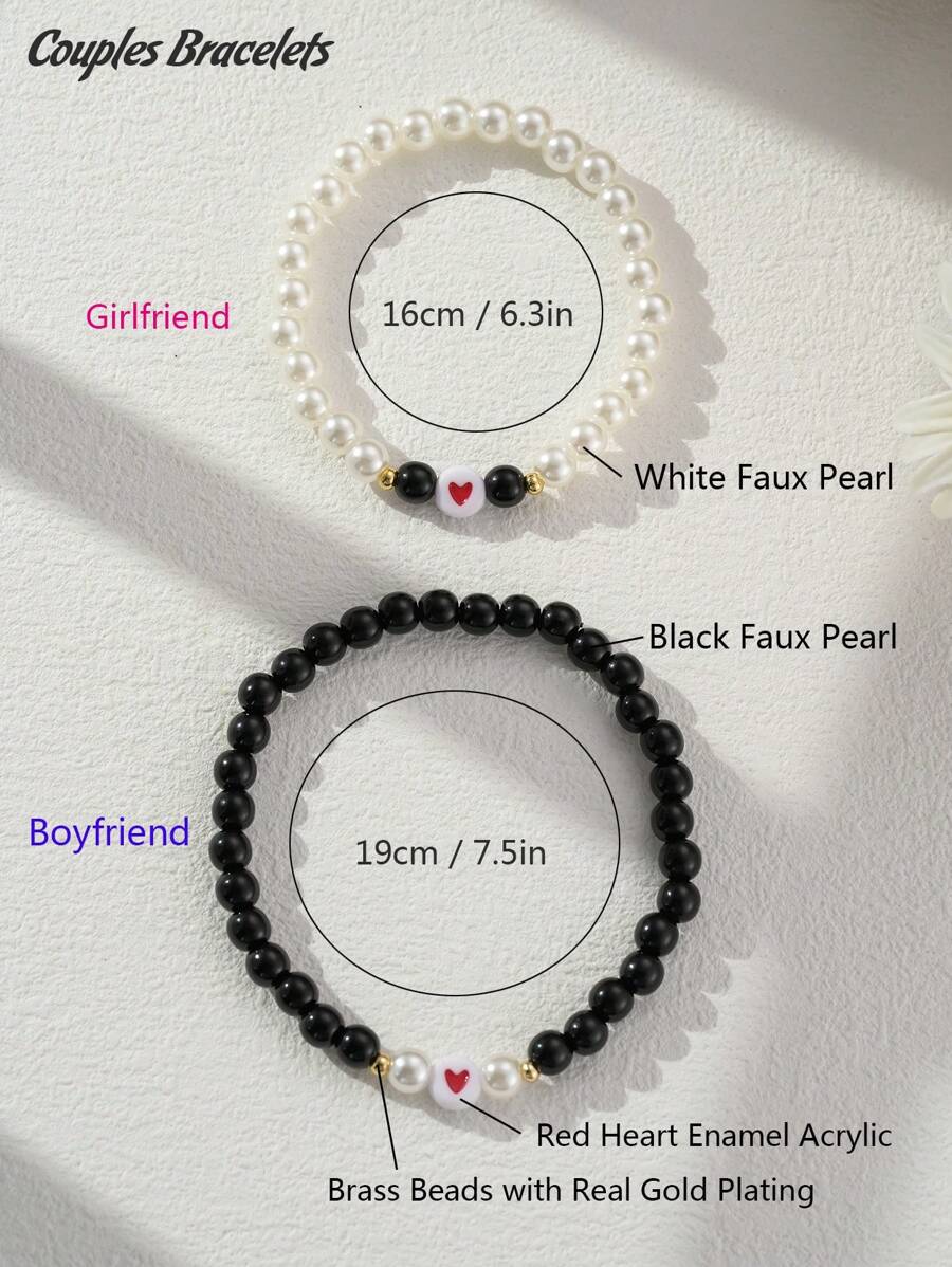 2pcs Red Heart Faux Pearl Couples Bracelets, White Black Beaded ...