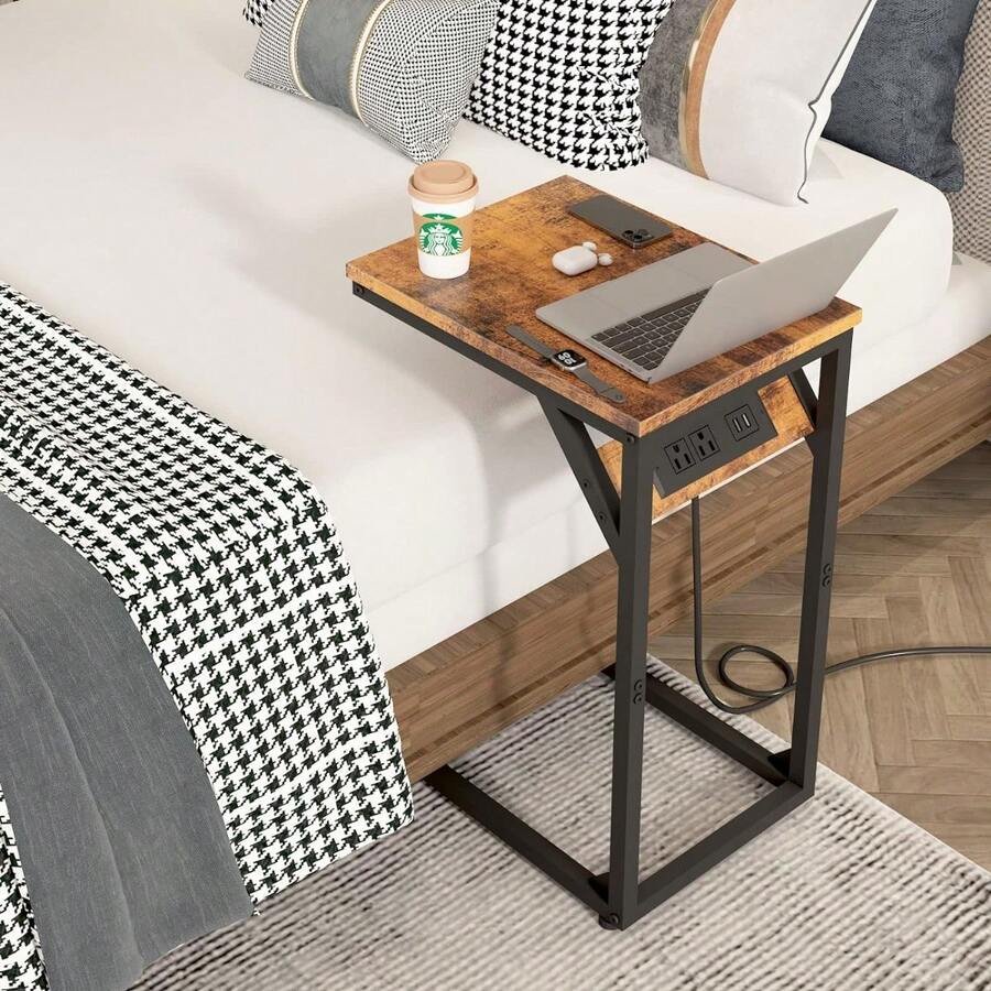 Side Table, Slim C Shaped End Table with Charging Station, Small Snack ...