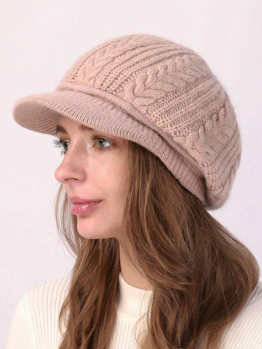 1 Pieza Boina Rosa De Punto Para Mujer Con Patrón Trenzado, Gorro De ...