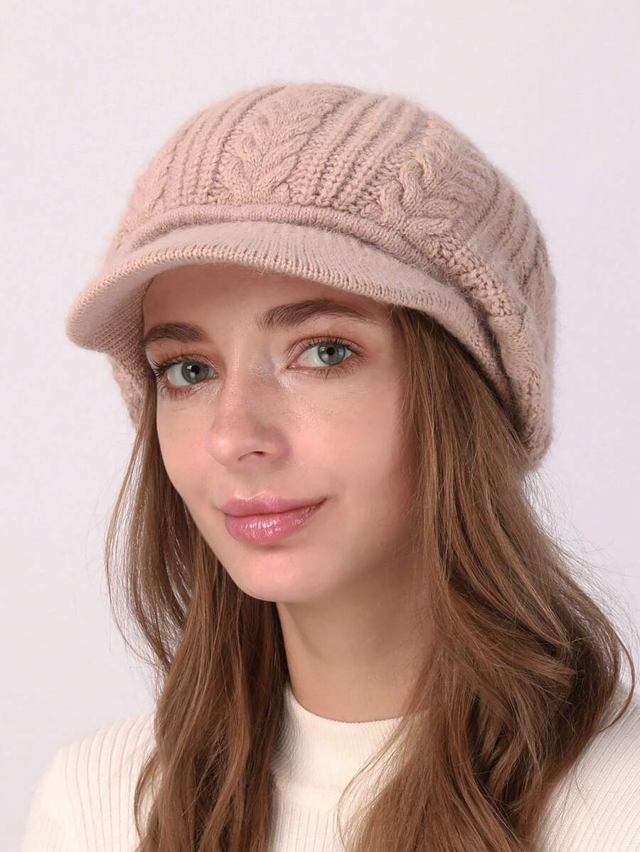 1 Pieza Boina Rosa De Punto Para Mujer Con Patrón Trenzado, Gorro De ...