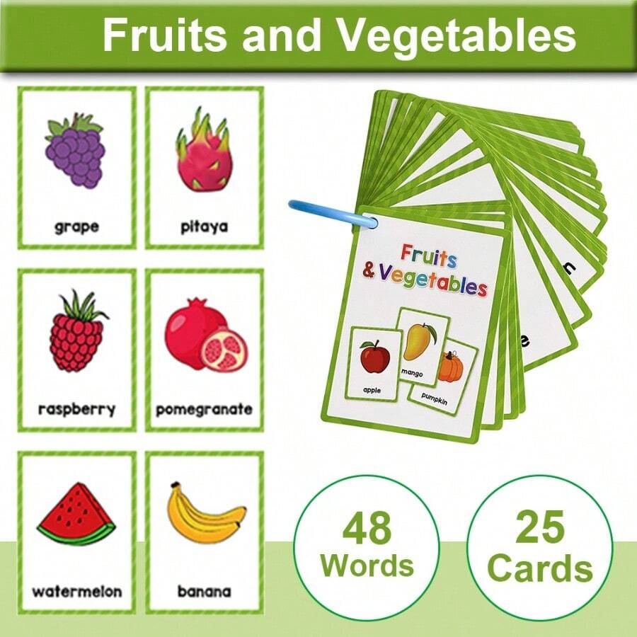 48 Words Fruits and Vegetables Kids Montessori Learn English Words ...