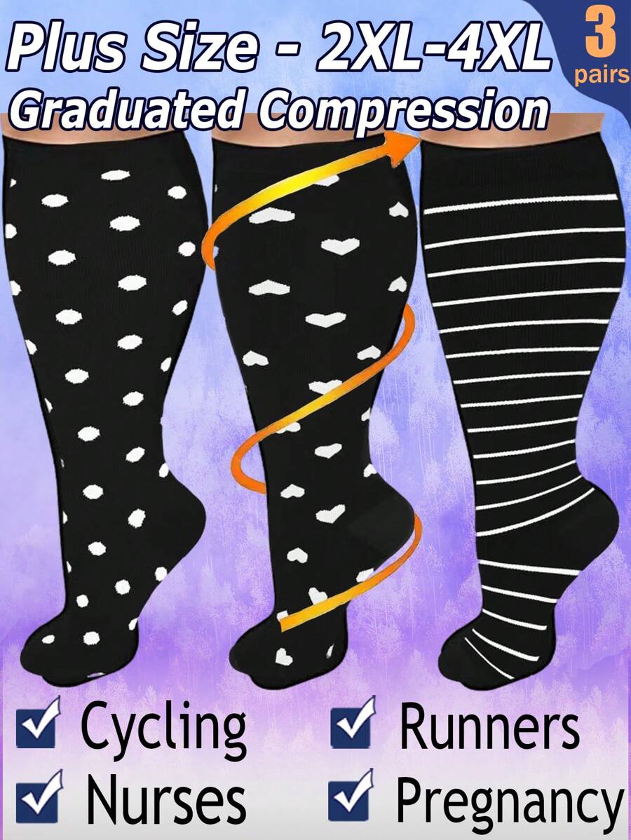 3 Pairs Plus Size Compression Socks Circulation 15-20 Mmhg For Women ...