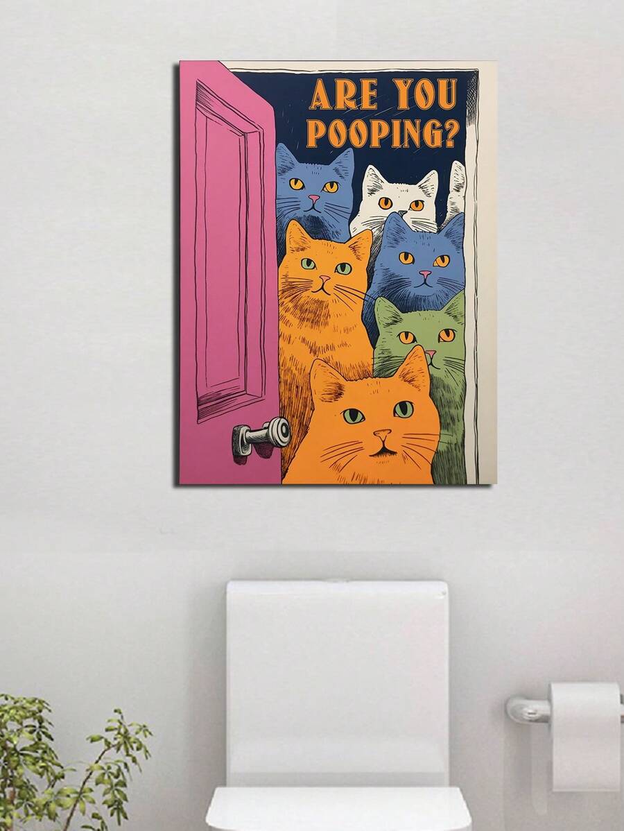 1pc Cartoon Cat Poster Painting For Bathroom Wall Decoration, Frameless ...