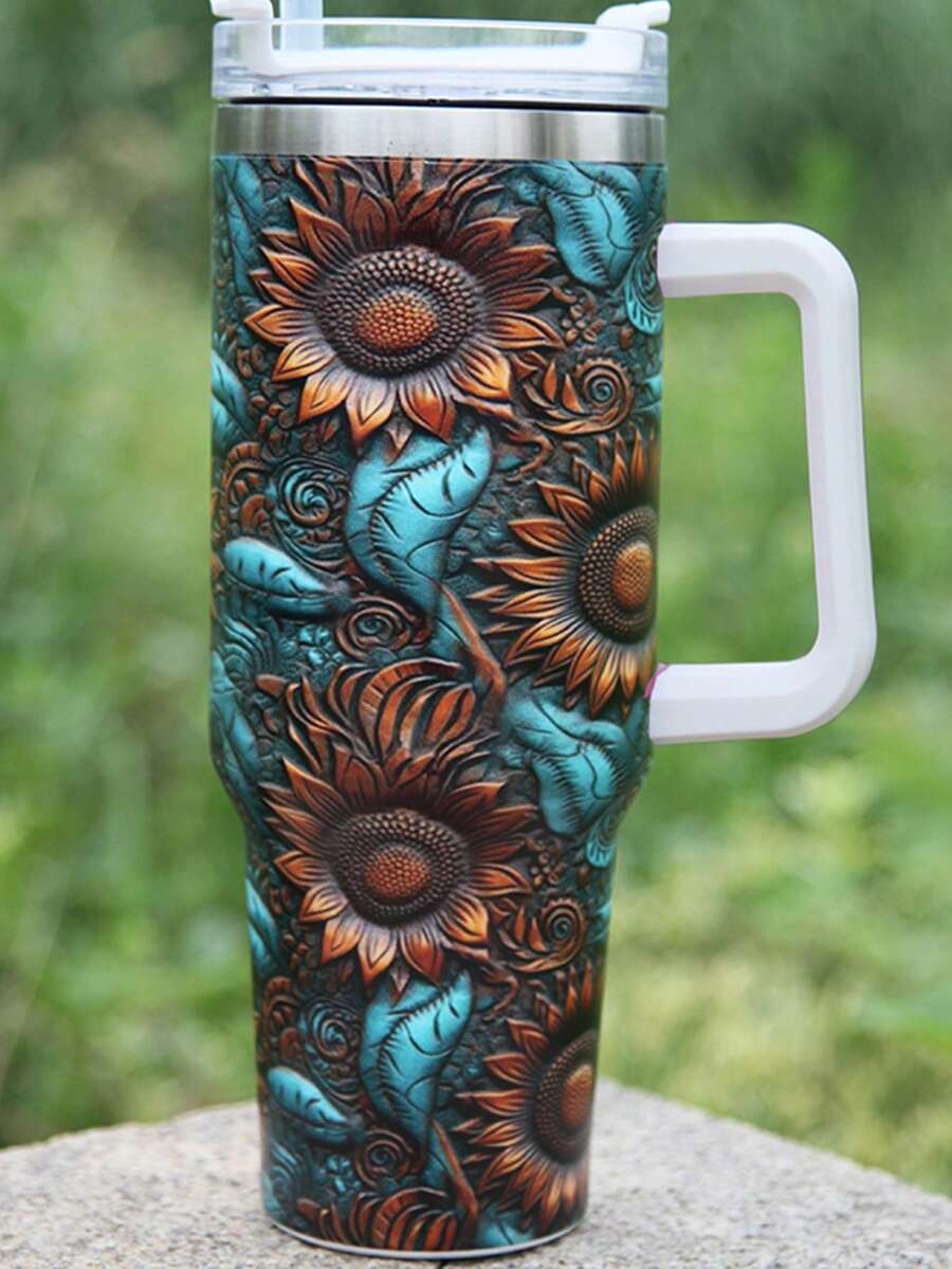 A 1200ml Stainless Steel Water Cup With Straw, Sunflower Pattern Car ...