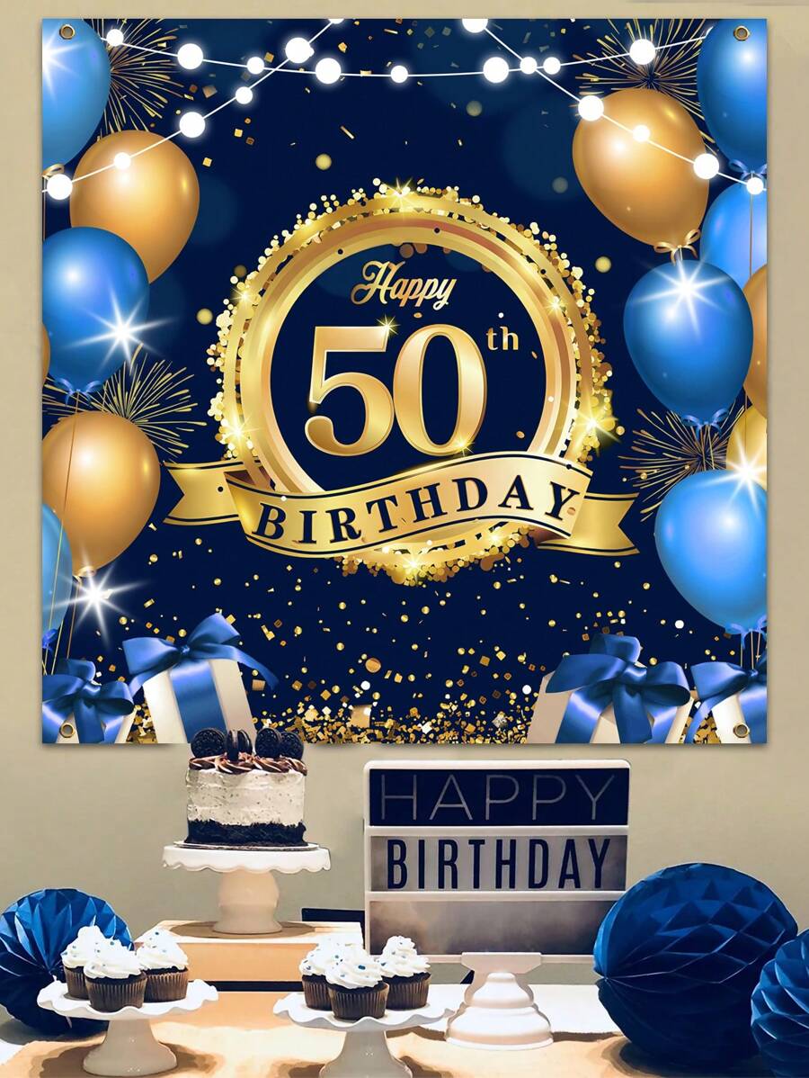 1Pc Blue Gold 50th Birthday Backdrop Banner 50 Years Old Birthday Party ...