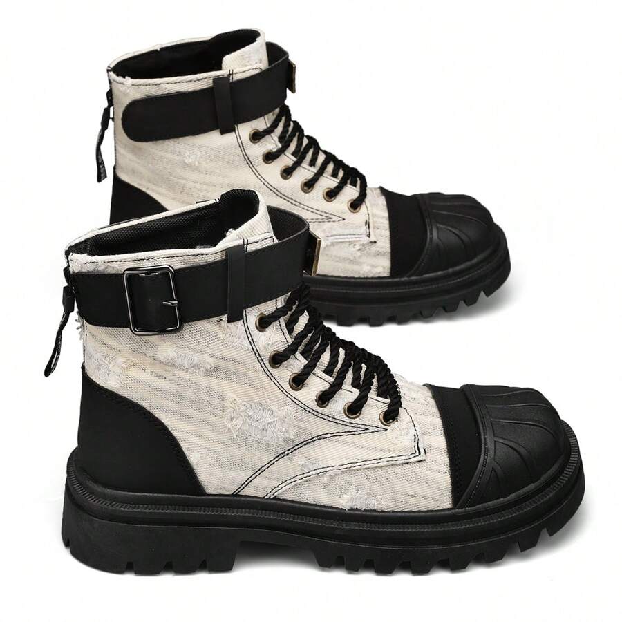 Ankle Platform Boots Men Canvas Shoes Winter Motorcycle Boots Men Shell ...