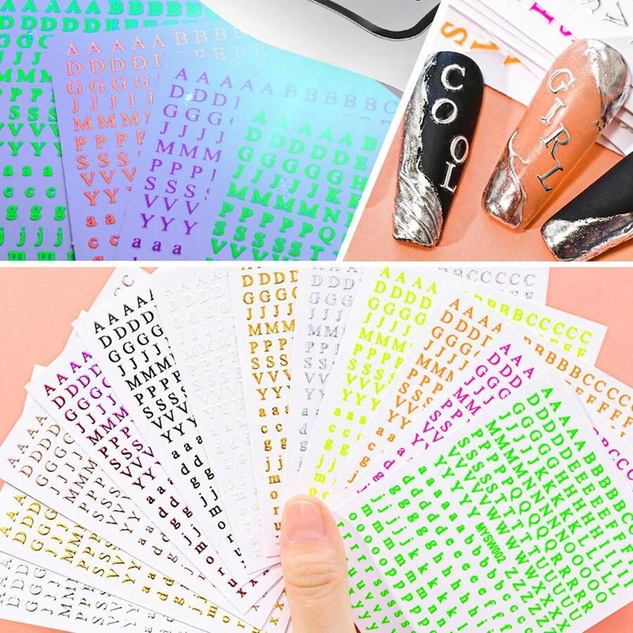 12 Sheets Letters Nail Stickers 12-Colors Alphabet Nail Stickers ...