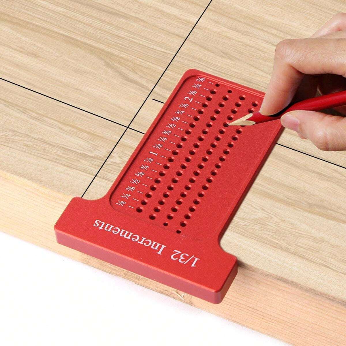 One Piece Red Inch Woodworking Scribe Ruler Hole Scribing Ruler T-Type ...