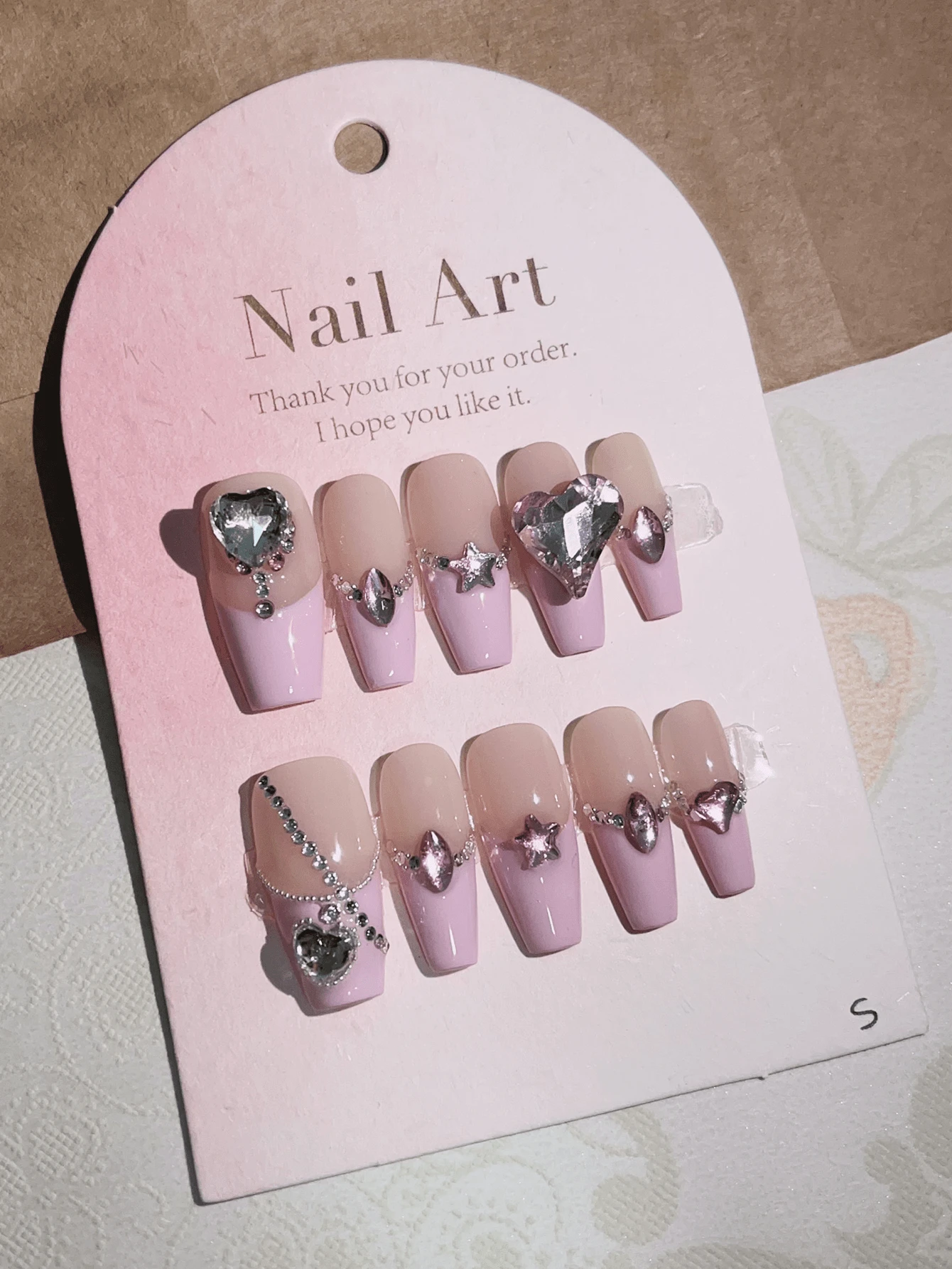 10-piece Handmade Long Ballet-shaped Pink Heart Rhinestone French False ...