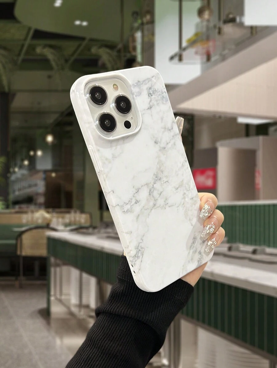 1pc White Marble Pattern Glossy Texture Phone Case Compatible With ...
