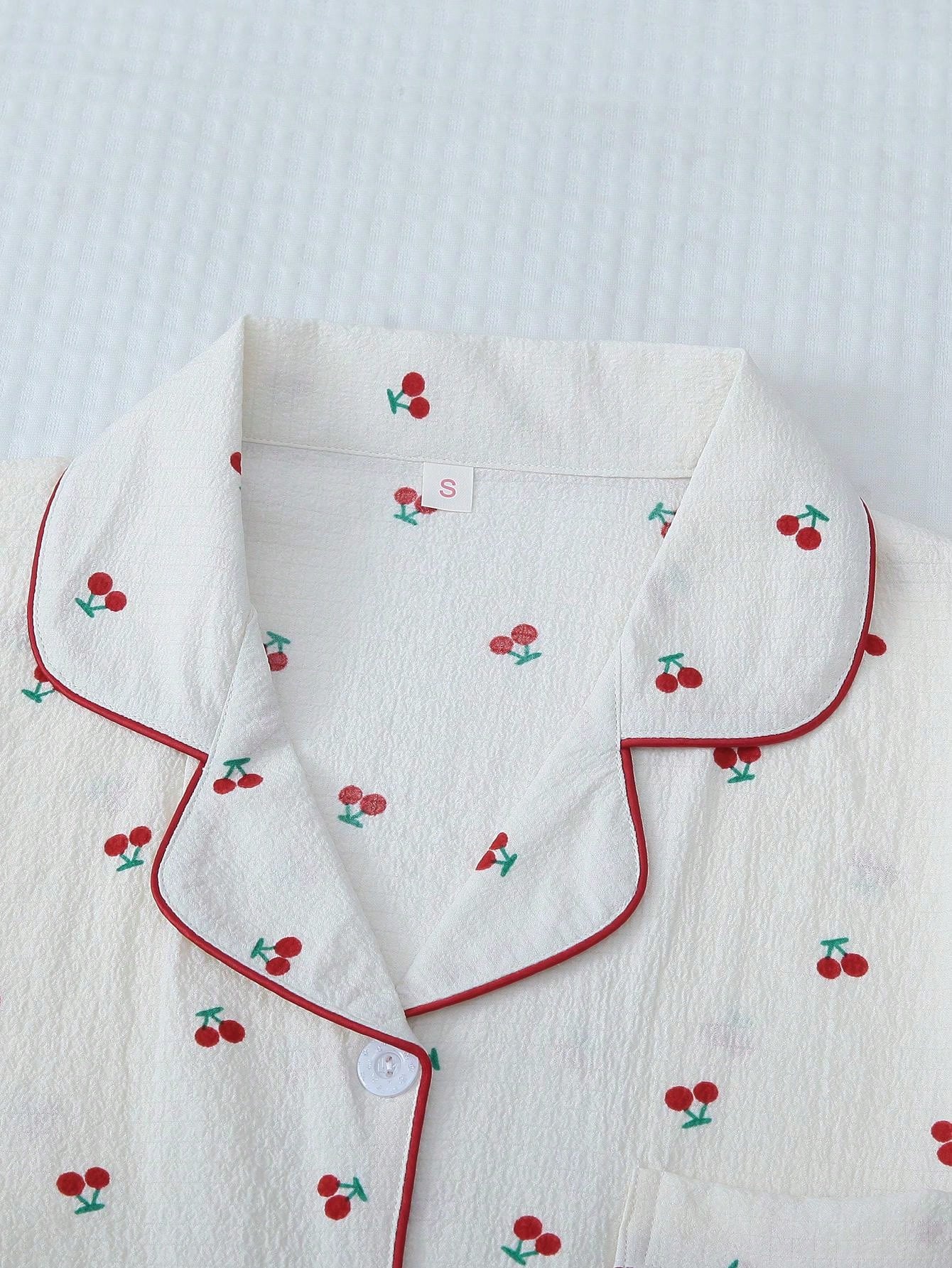 Cherry Printed Sweet Sleepwear Set With Lapel Button Up Top And Bowknot ...