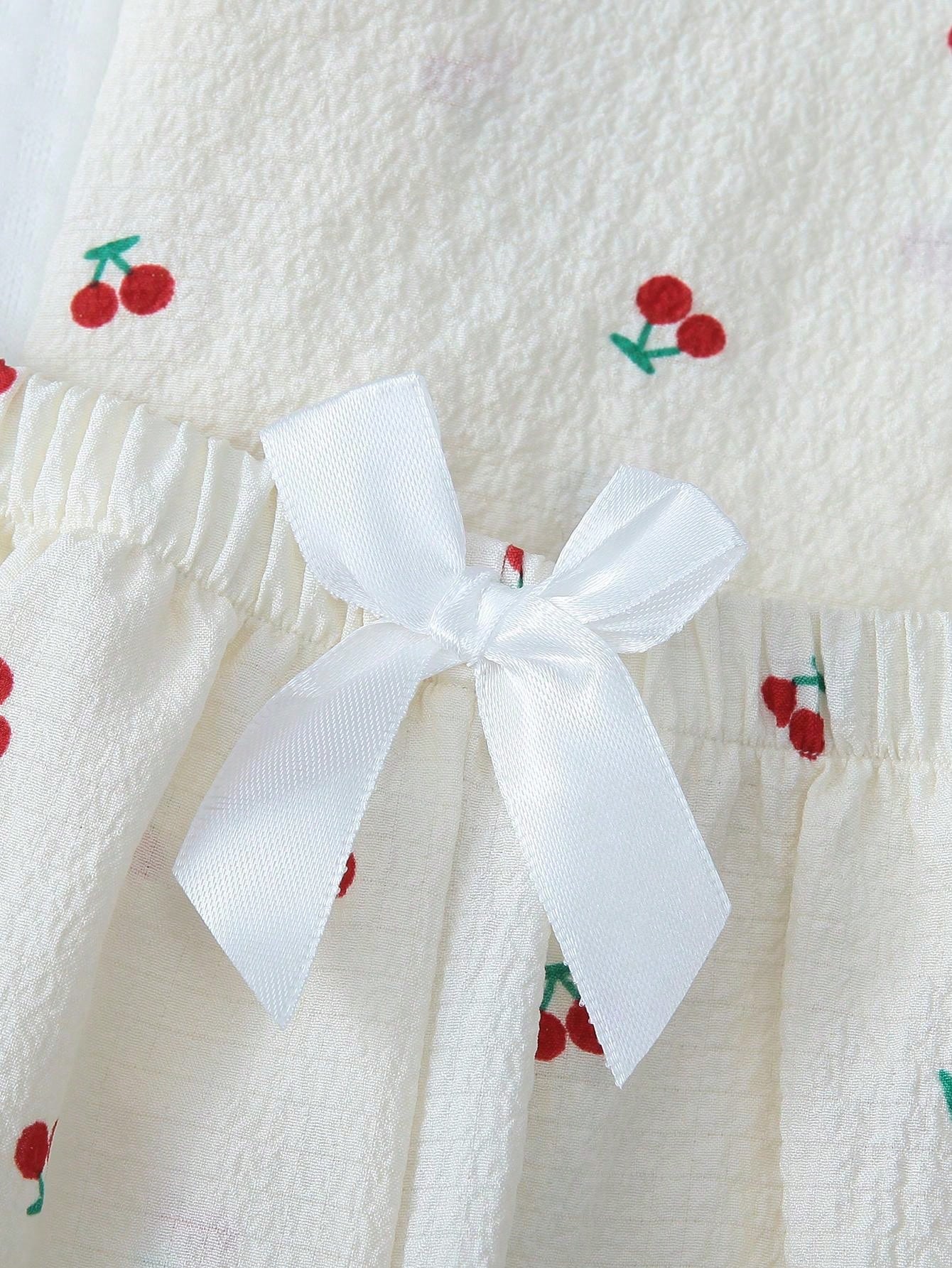 Cherry Printed Sweet Sleepwear Set With Lapel Button Up Top And Bowknot ...