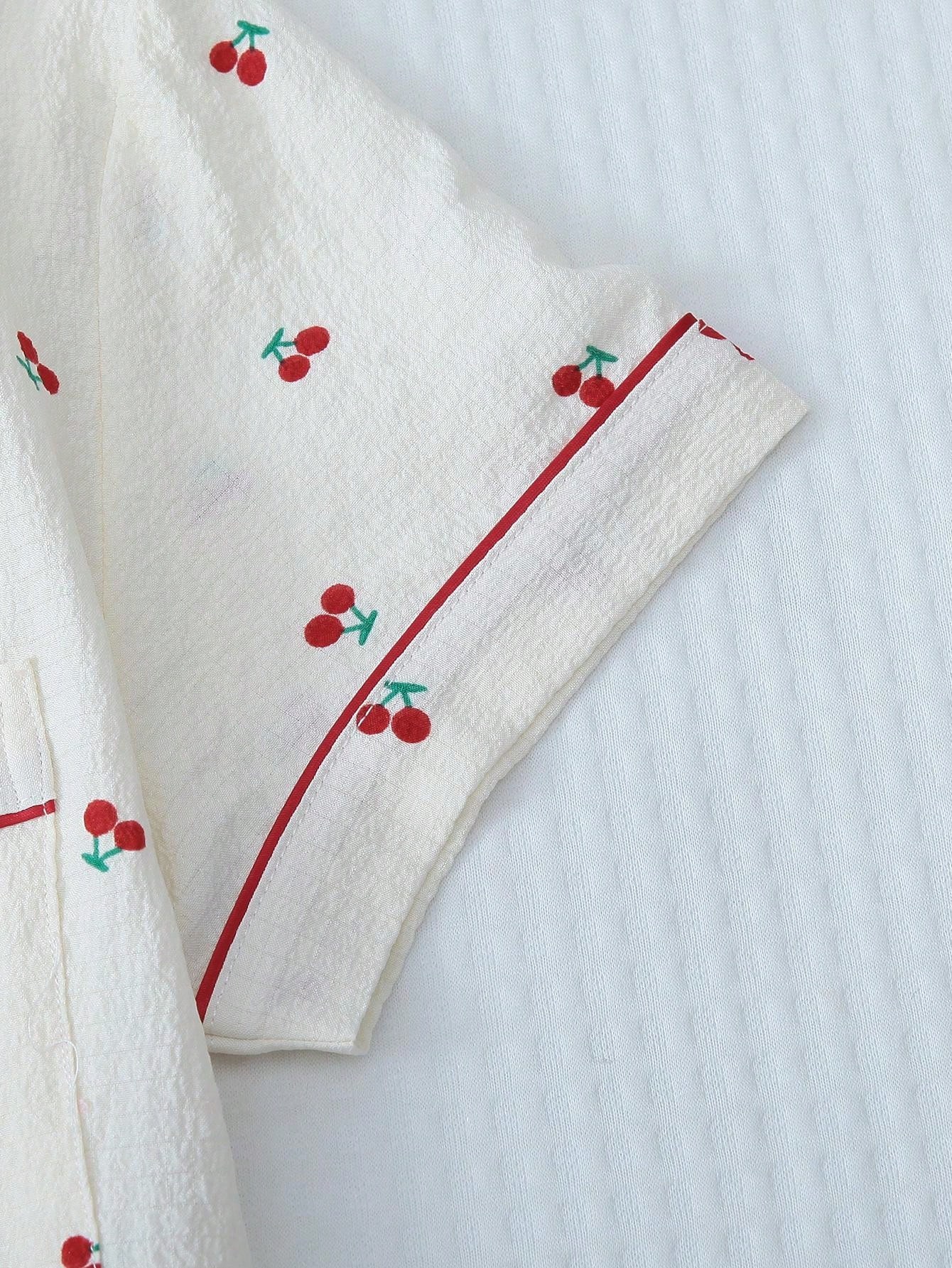 Cherry Printed Sweet Sleepwear Set With Lapel Button Up Top And Bowknot ...