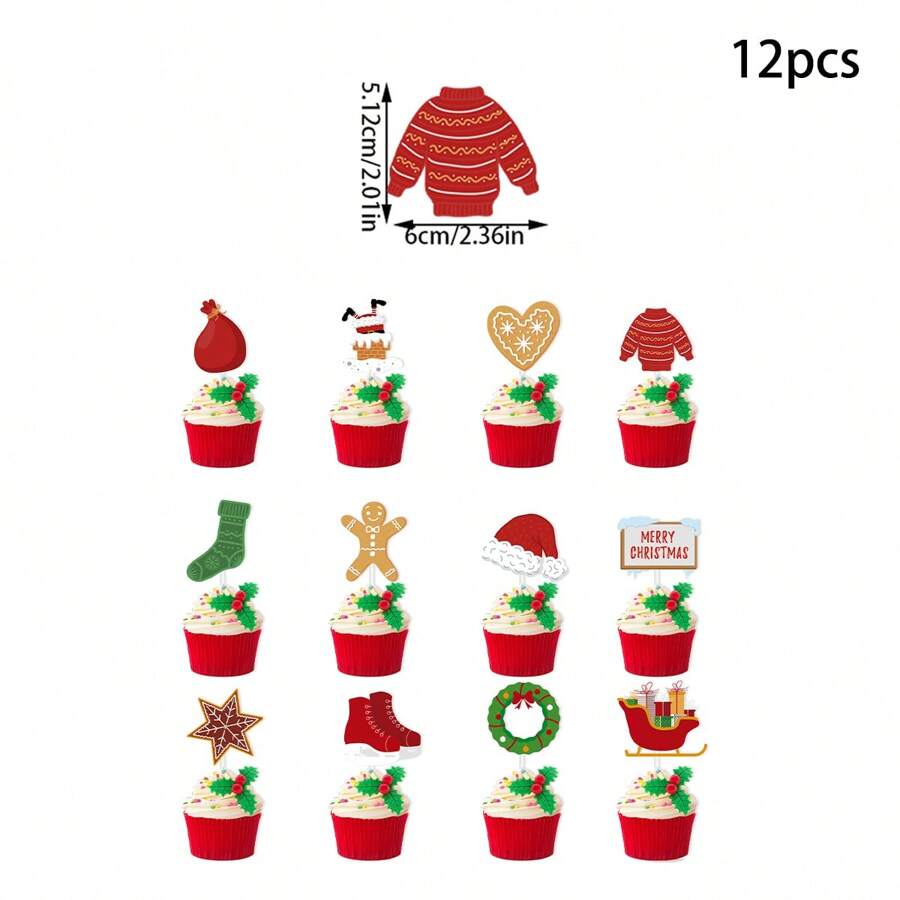 12pcs Merry Christmas Cake Topper Snowman Santa Claus Elk Cupcake