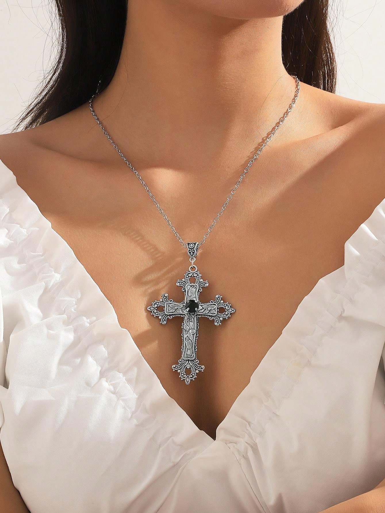 1pc Retro Gothic Alloy Long Cross Pendant Necklace For Women, Baroque ...
