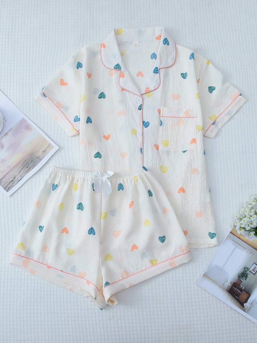 Women's Heart Printed Pajama Set, Short Sleeve Top With Lapel Collar ...