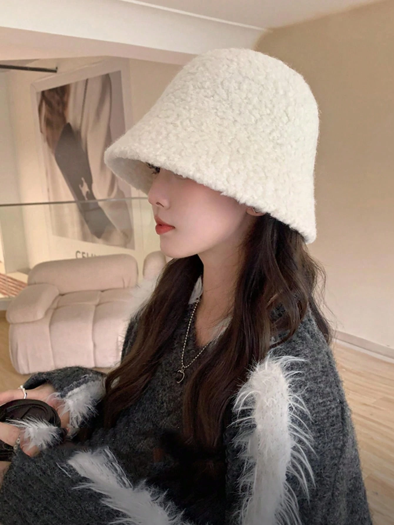 Women Winter Lamb Wool Fisherman Hat, Black Color Cap To Show Small ...