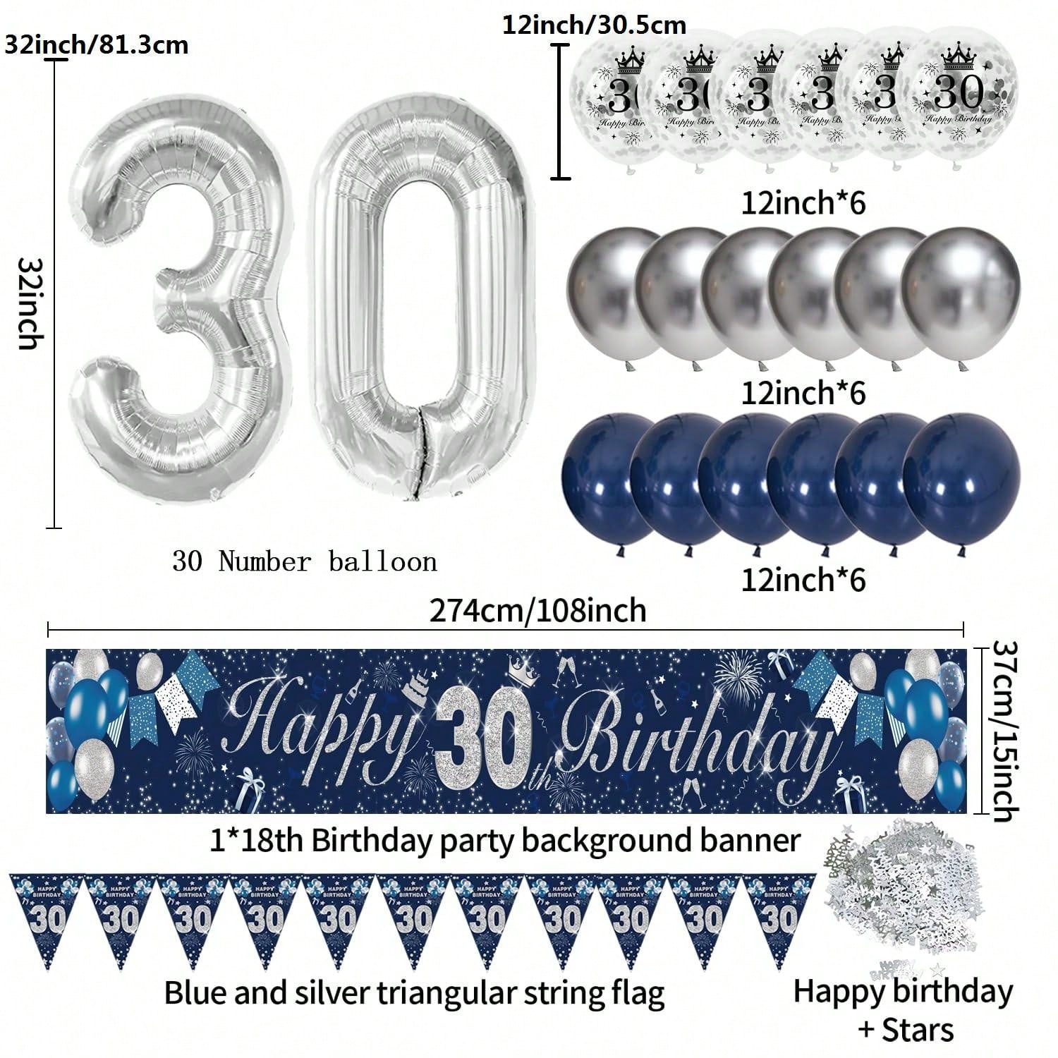 30th Blue Birthday Balloon Set, Men And Women's 30th Birthday Party ...