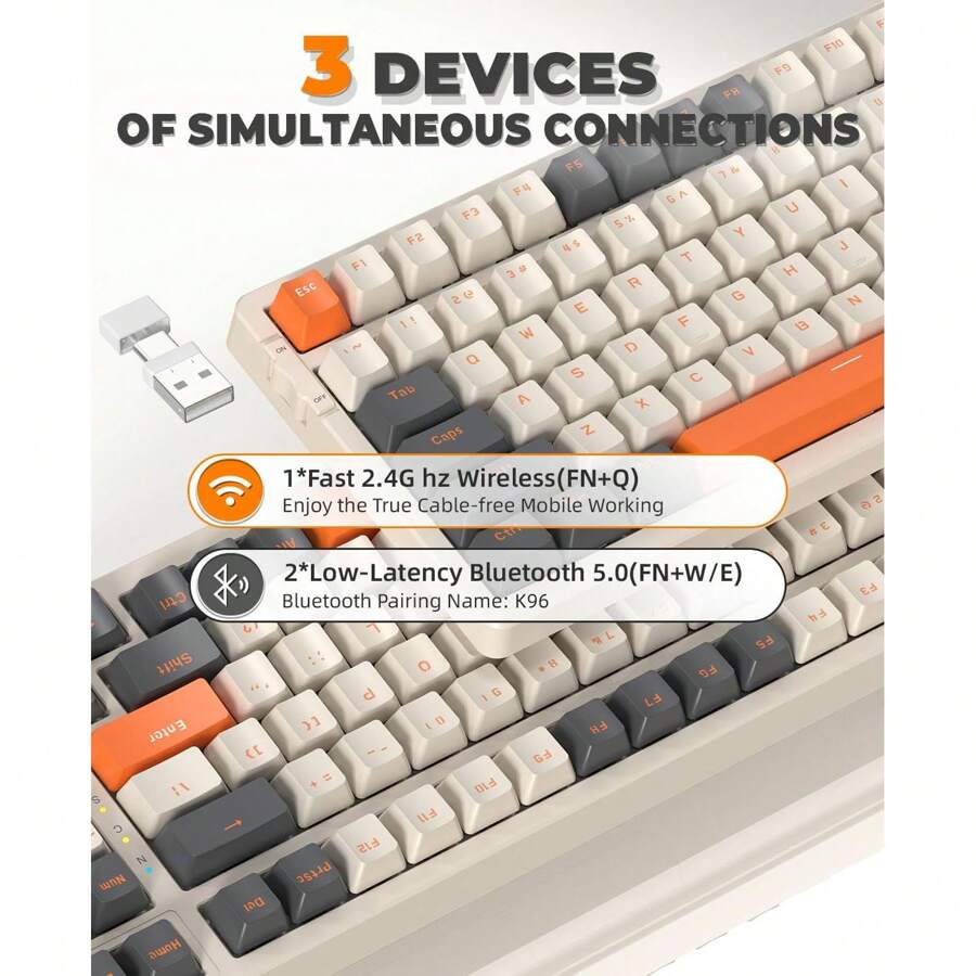 Wireless Mechanical Keyboard, Dual Mode 2.4g/Bt5.0 Combo Receiver, 100 ...