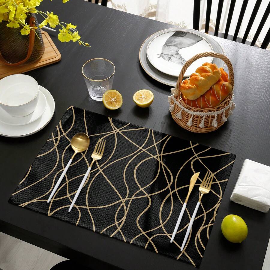 1 Set Of 4pcs Simple Style Striped Black Linen Dining Table Mats ...