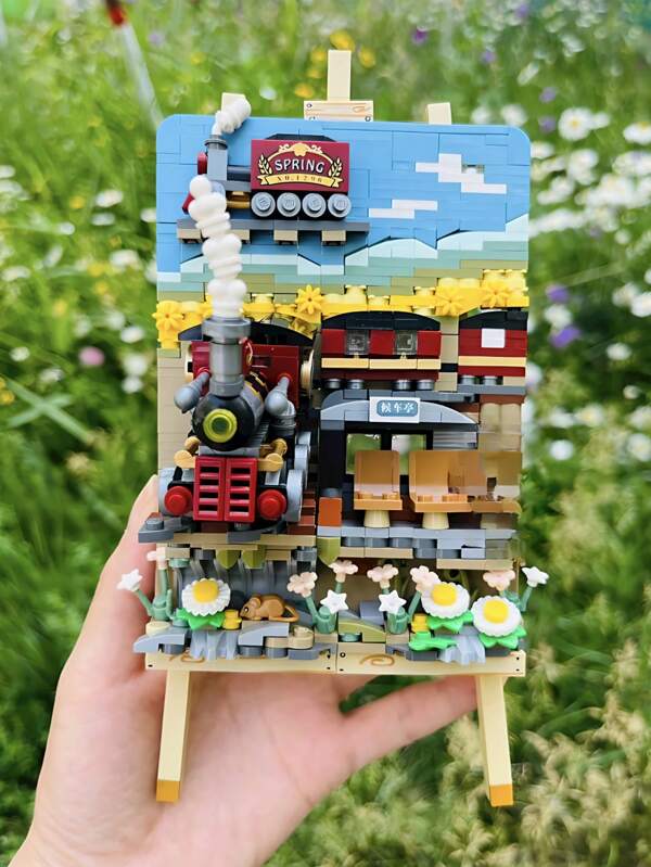 Mini building block set, 3D art frame train station construction set ...