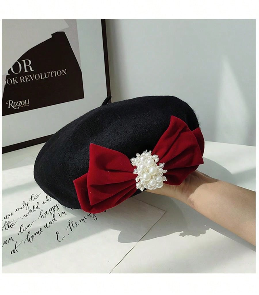 1 Boina De Lana Negra Con Lazo Para Mujer, Adecuada Para Uso Diario Y ...