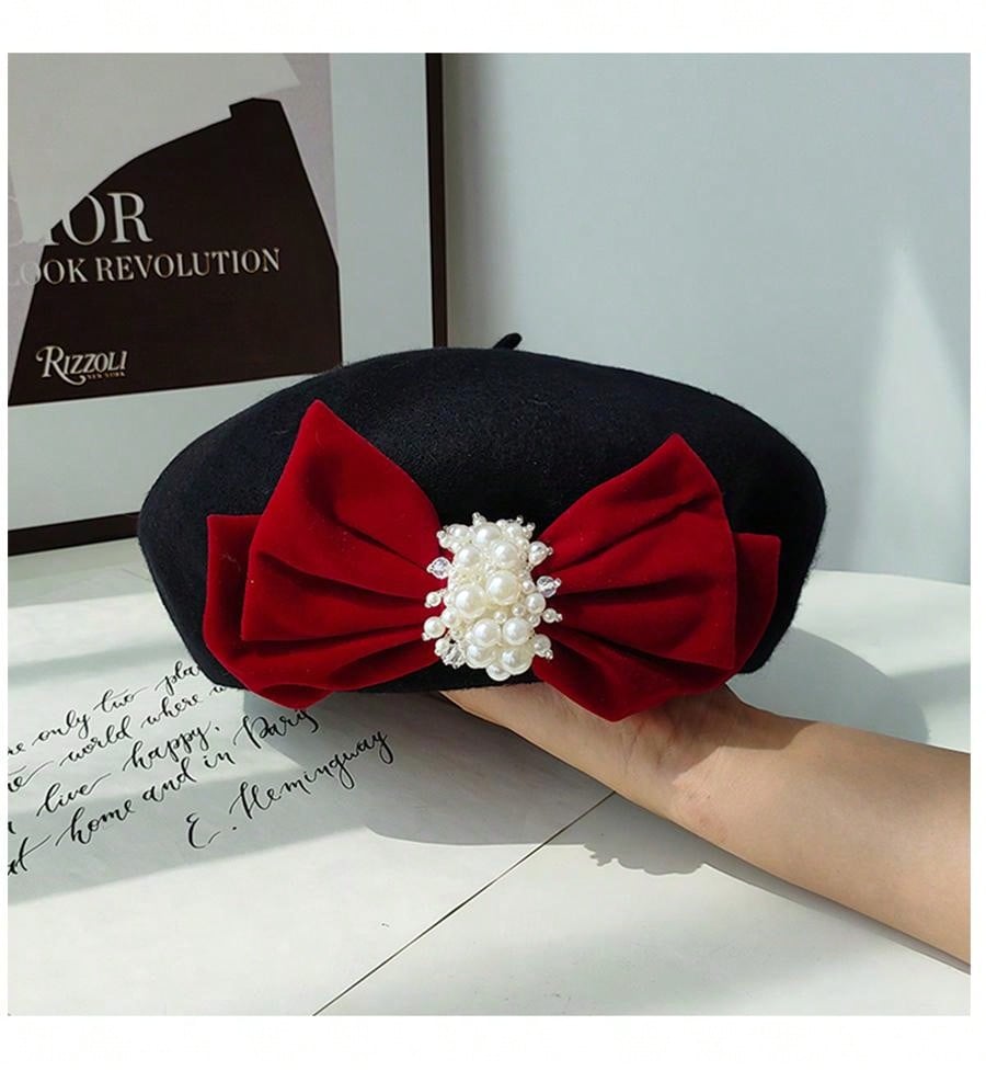 1 Boina De Lana Negra Con Lazo Para Mujer, Adecuada Para Uso Diario Y ...