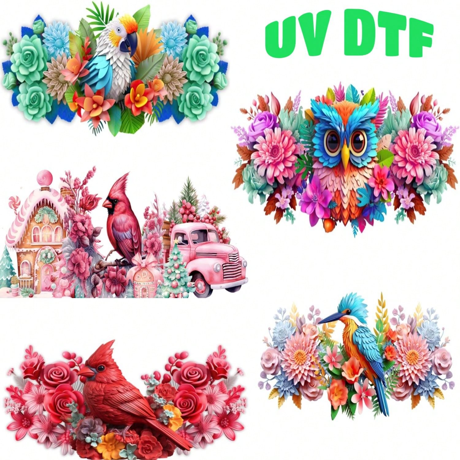 5 Sheets UV DTF Cup Wrap Decals, Bird 3D Design on Transfers For 16 ...