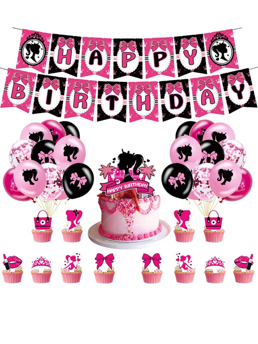 50pcs Cute Girl Theme Party Decoration Set With Pink Felt Birthday ...