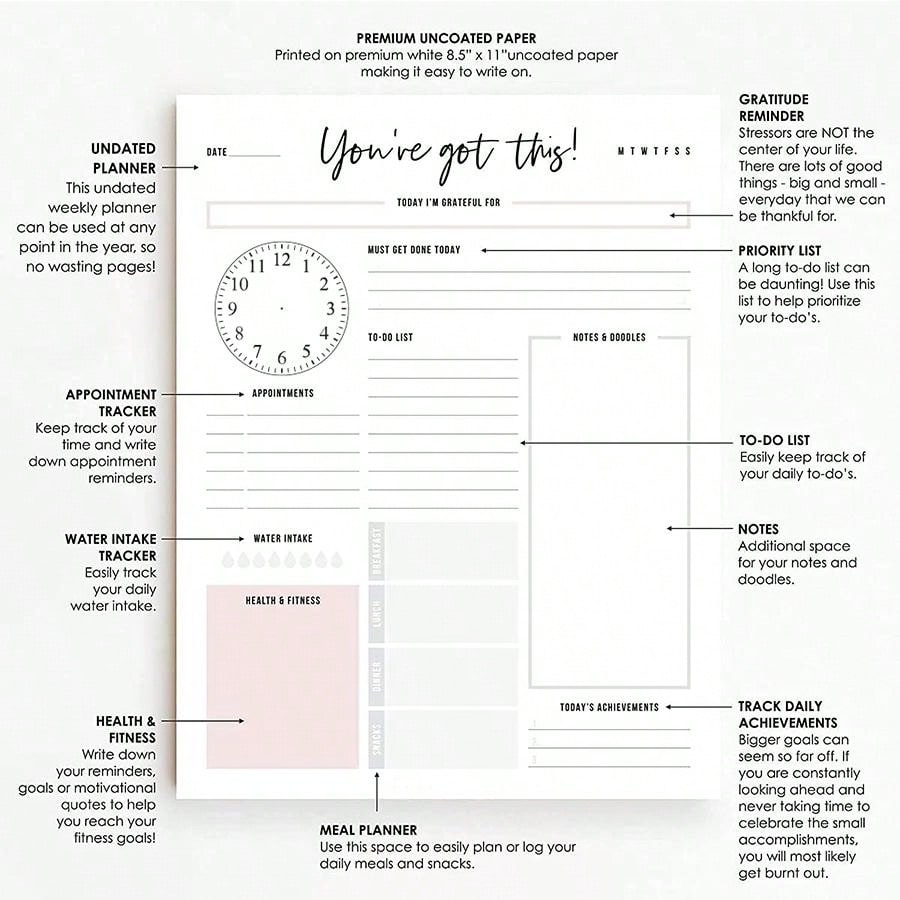 Daily Planner - Undated Tear-Off Sheets Notepad Includes Calendar ...