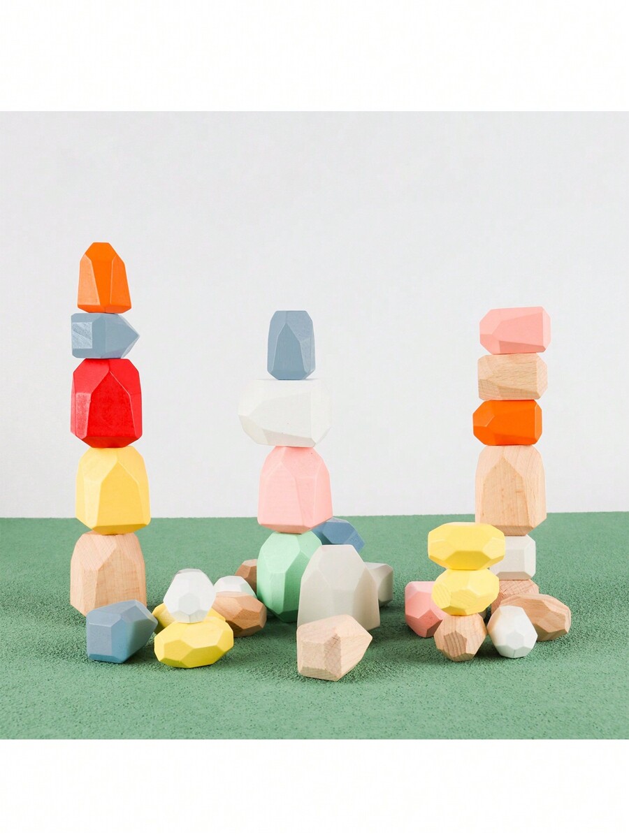 20pcs Wooden Stacking Rocks Balancing Stones, Natural Wood Building ...