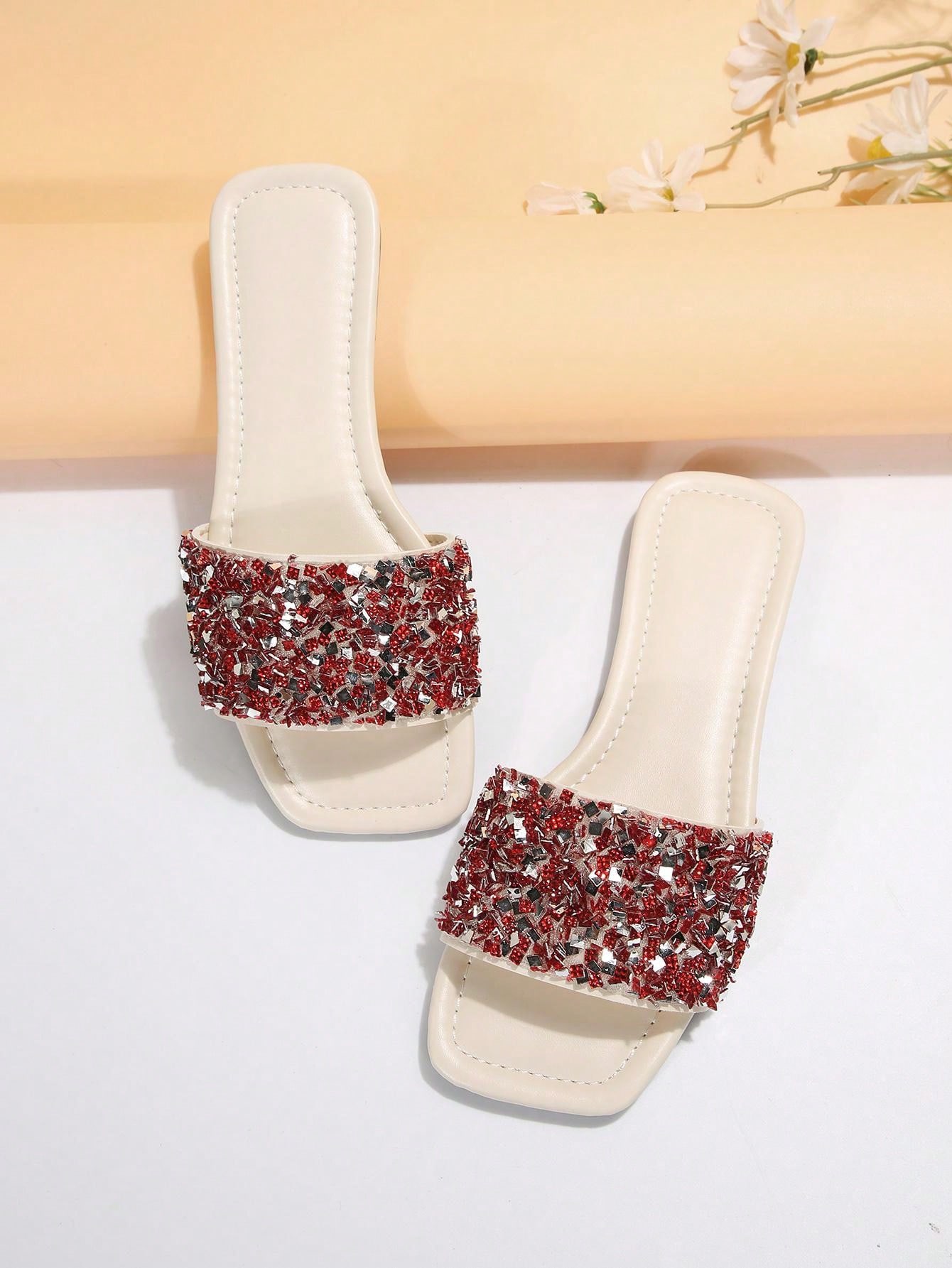 New Arrival Glitter Wine-red Flat Sandals With Anti-slip Outsoles. The ...
