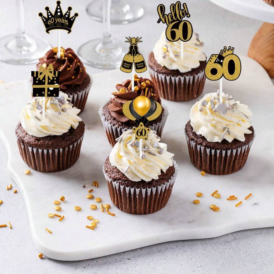 12Pcs Black Gold Glitter 60th Birthday Cupcake Toppers Hello 60 Sixty ...