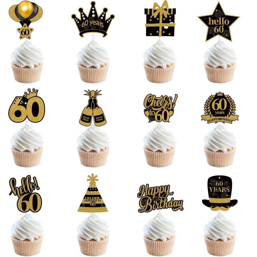 12Pcs Black Gold Glitter 60th Birthday Cupcake Toppers Hello 60 Sixty ...